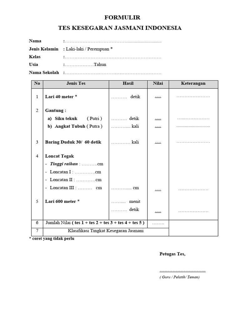 Formulir Tes Kesegaran Jasmani | PDF