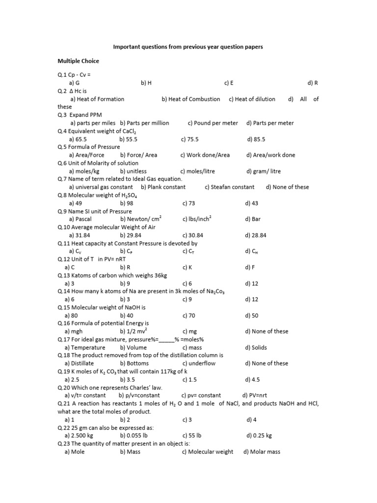 CPC Imp. Quesn Previous Years Papers | PDF | Mole (Unit) | Gases