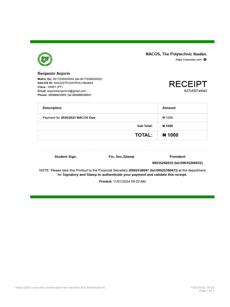 Receipt - NACOS, The Polytechnic Ibadan Portal | PDF