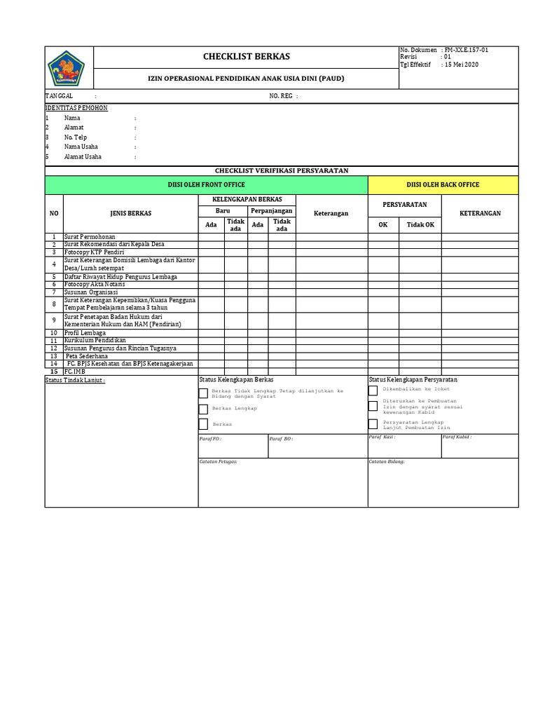 Izin Operasional PAUD: Checklist Persyaratan | PDF