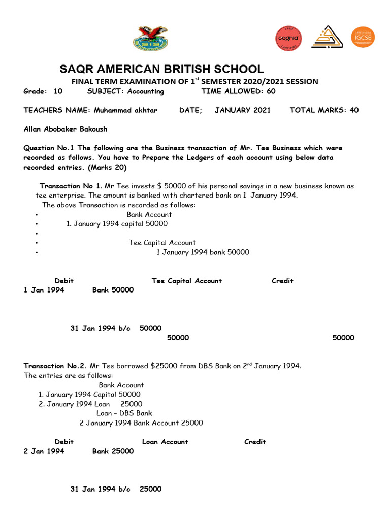 Grade 10 Accounting Exam Paper | PDF | Debits And Credits | Banks