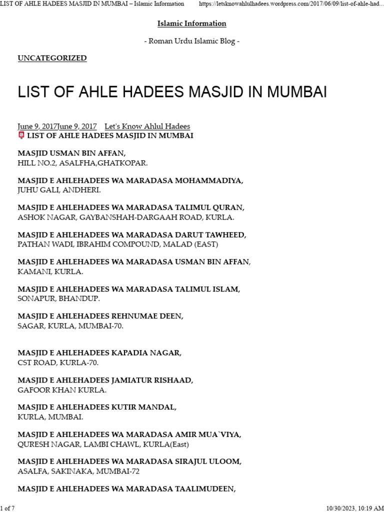 List of Ahle Hadees Masjid in Mumbai - Islamic Information | PDF ...
