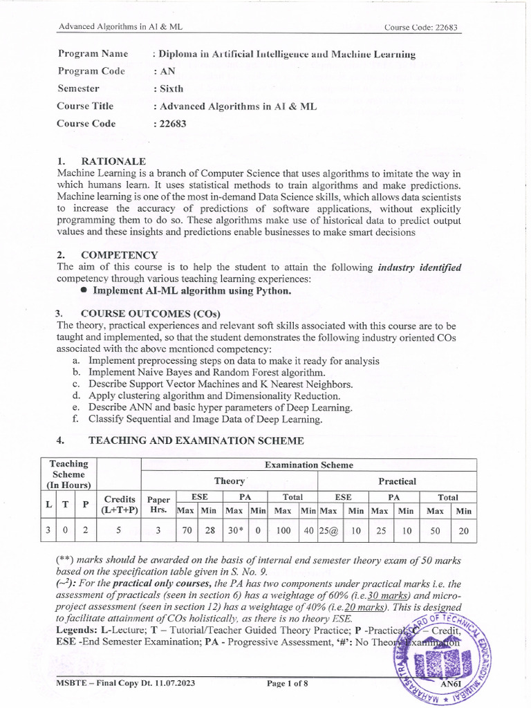 Advanced Algoriths in Ai - ML | PDF