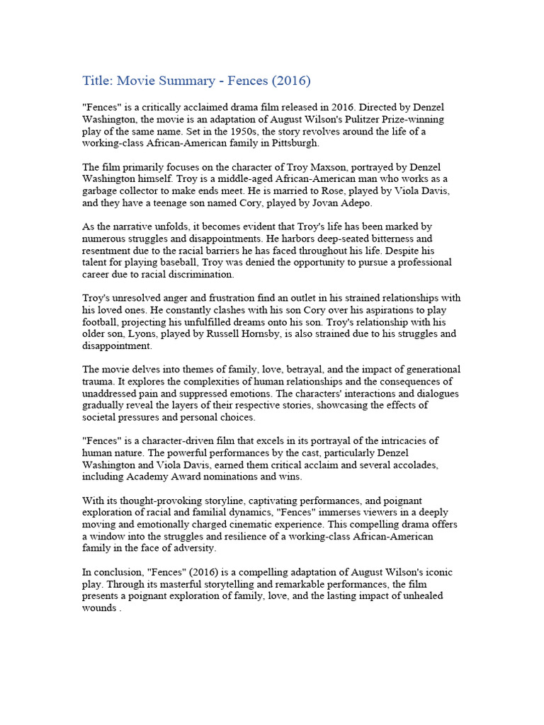 Fences (2016) Movie Summary and Analysis | PDF