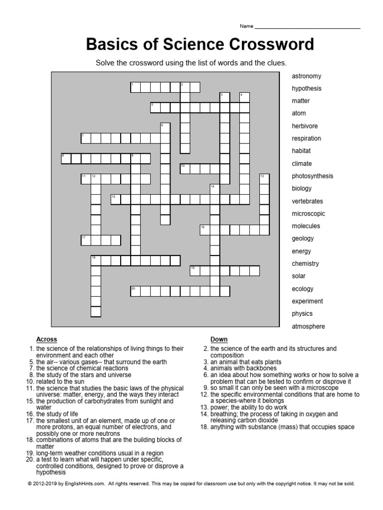 Basics of Science Crossword | PDF | Matter | Atoms