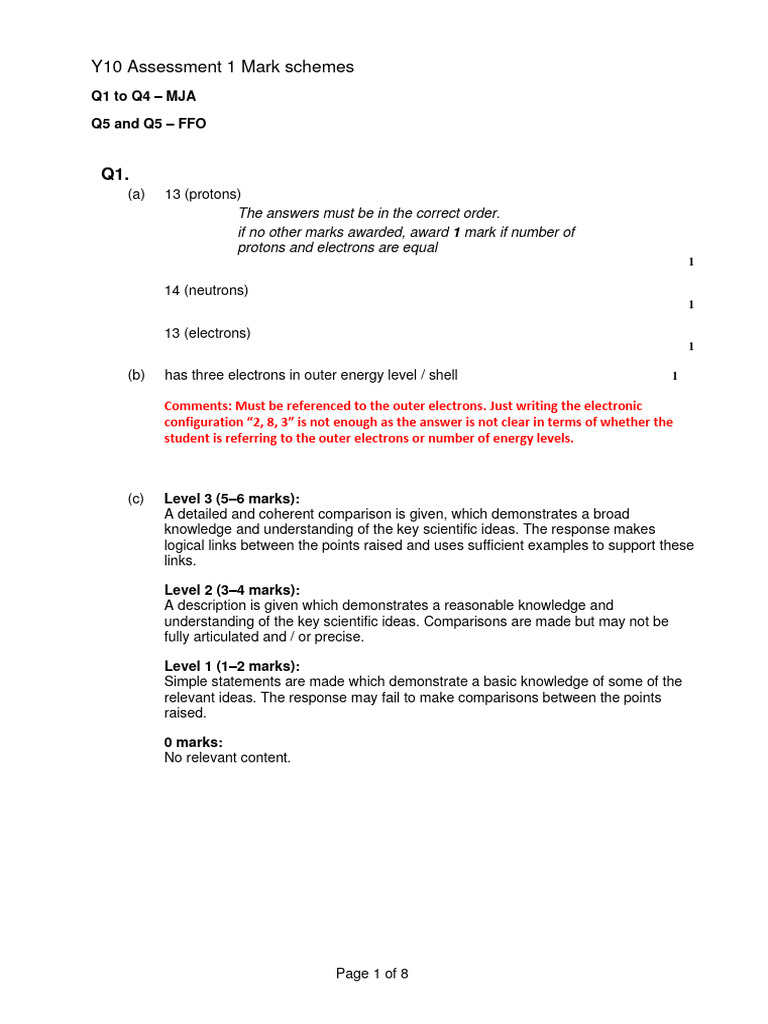 Y10 Assessment 1 Mark Schemes: Q1 To Q4 - Mja Q5 and Q5 - Ffo | PDF | Chemical Bond | Ionic Bonding