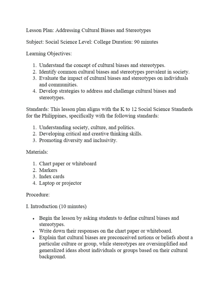 Cultural Biases and Stereotypes Lesson Plan | PDF | Stereotypes | Bias
