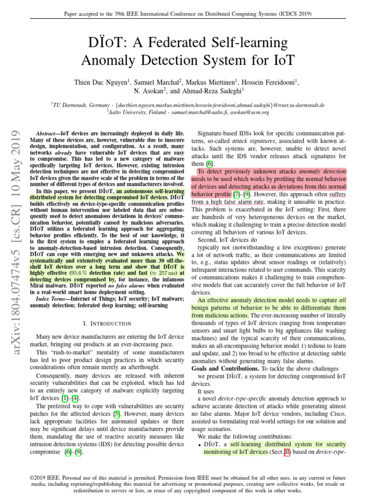 DIOT-A Federated Self-Learning Anomaly Detection System For IoT | PDF | Computers