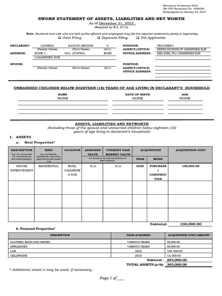 Saln 2015 Form | PDF | Net Worth | Economies