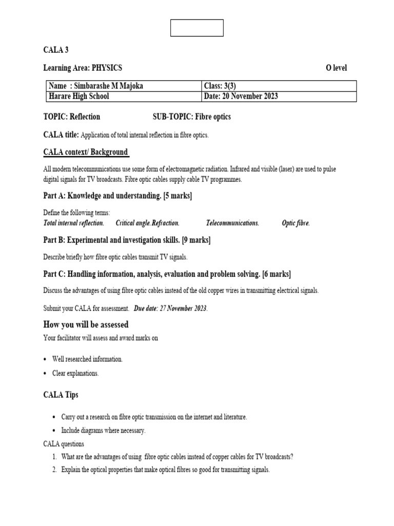 CALA 3 Physics 3SN 2023 TERM 3 | PDF | Optical Fiber | Optics