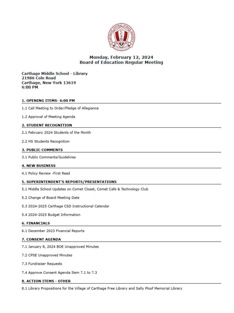 Carthage Central School District Board of Education Agenda Feb. 12 ...