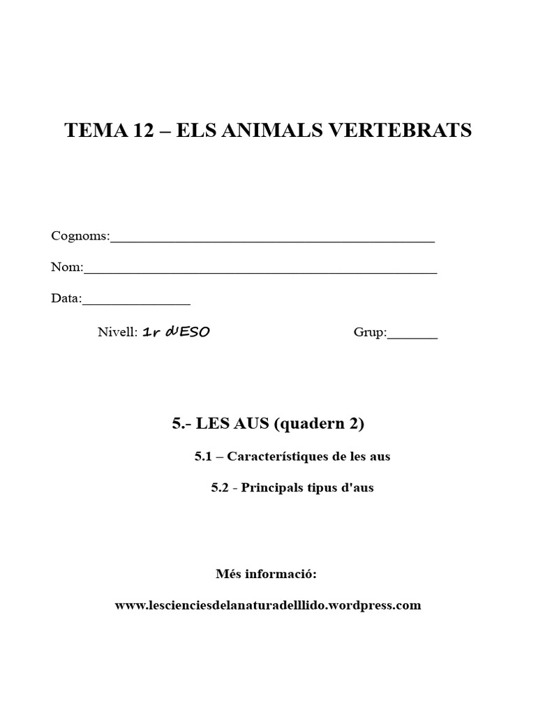Tema 12 - Els Animals Vertebrats: 5.-LES AUS (Quadern 2) | PDF
