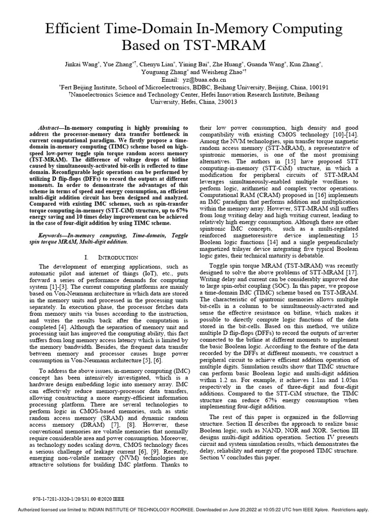 04 Efficient Time Domain In Memory Computing Based On Tst Mram Pdf Computer
