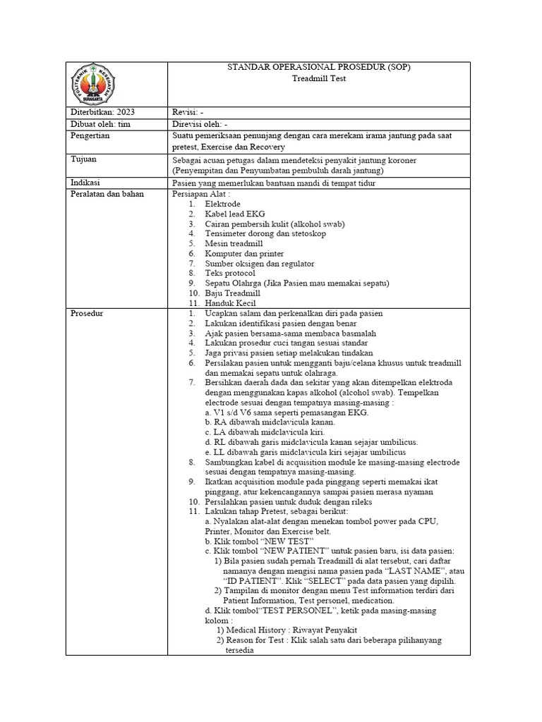 SOP Treadmill Test | PDF | Kesehatan Holistik | Sains & Matematika
