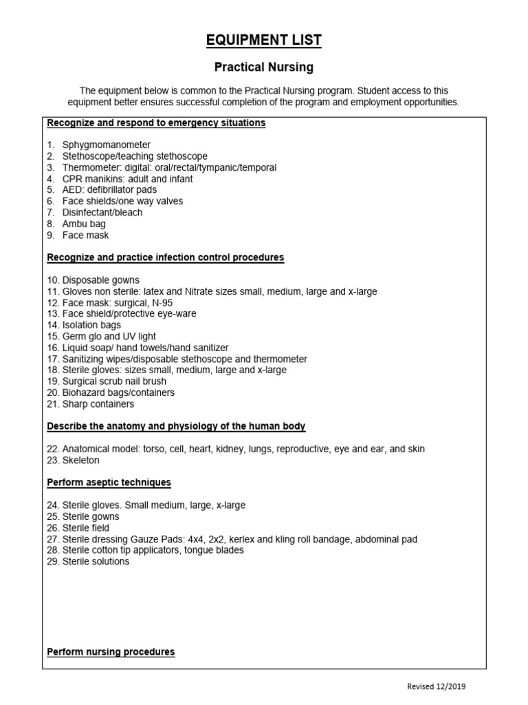 Practical Nursing Equip List | PDF | Clinical Medicine | Health Care