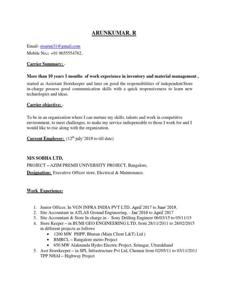 Resume 2 - 1707229384608 - Arunkumar R | PDF | Inventory | Business