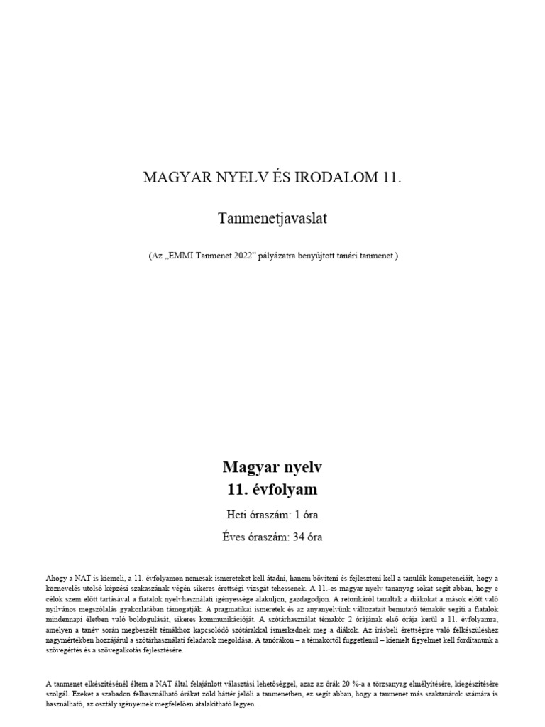 Magyar Nyelv Es Irodalom 11 | PDF