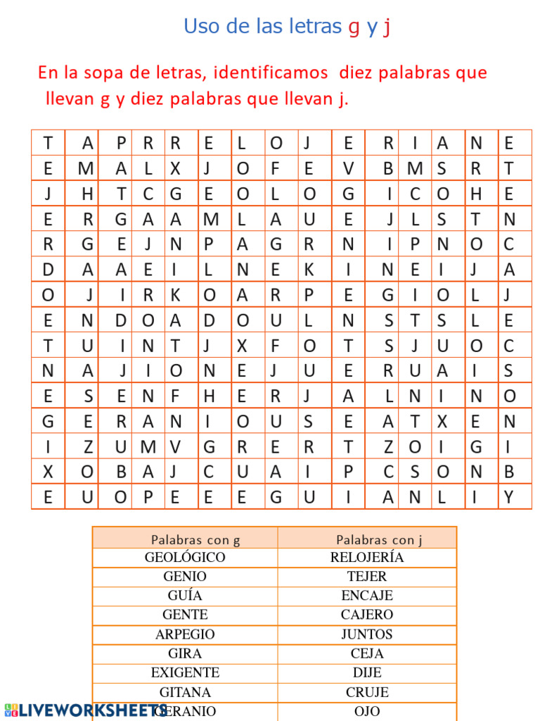 En La Sopa de Letras, Identificamos Diez Palabras Que Llevan G y Diez ...