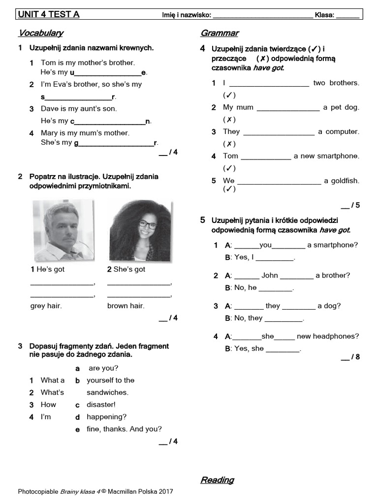 TEST UNIT 4 -klasy 4 | PDF