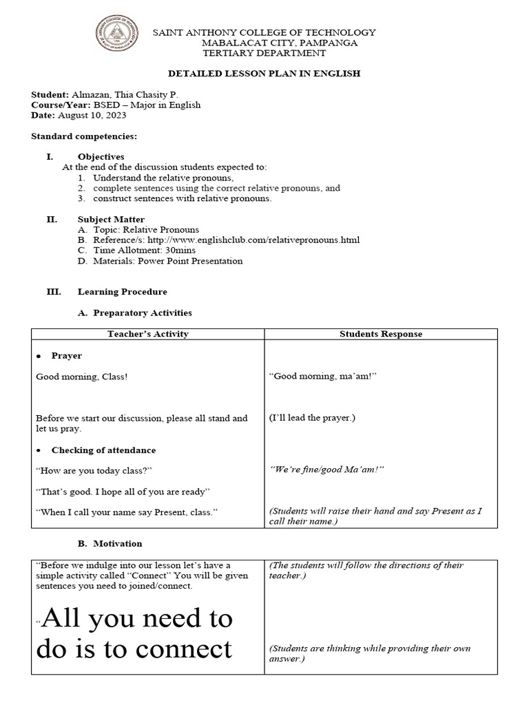 Detailed Lesson Plan | PDF | Cognitive Science | Syntax