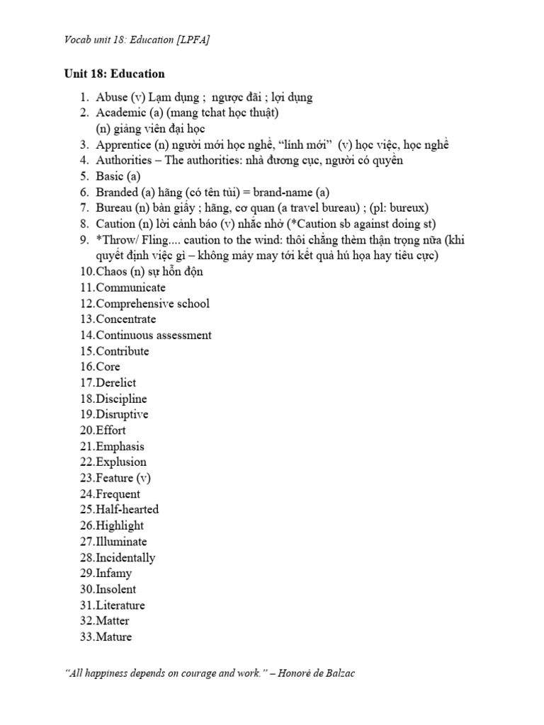Vocab Unit 18 - Education | PDF
