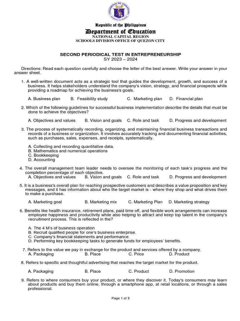 Entrepreneurship Test SY 2023-2024 | PDF | Bookkeeping | Debits And Credits