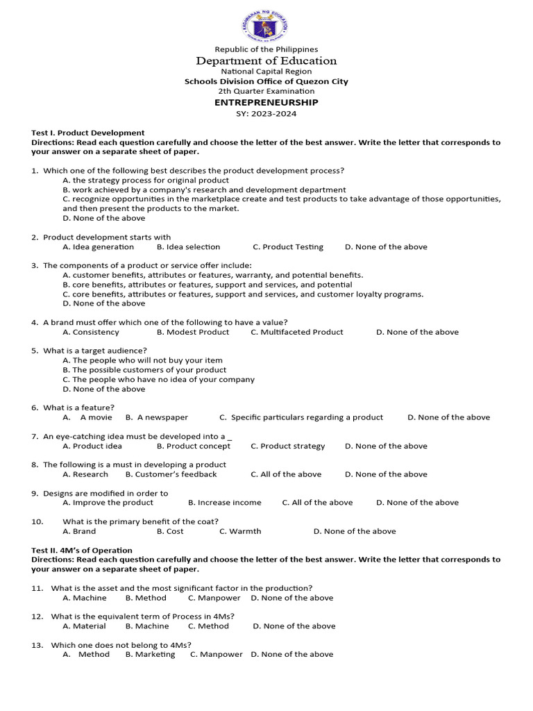 ENTREP EXAM QUARTER 2 2023 2024 For Print | PDF | Forecasting | Profit ...