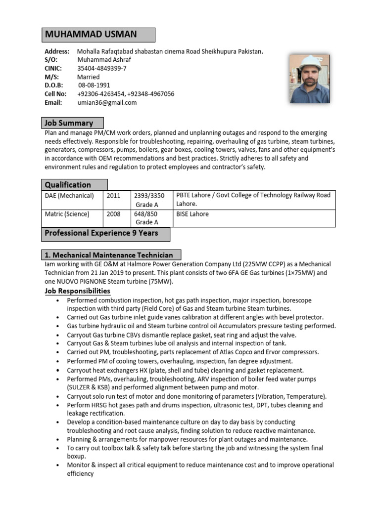 CV Muhammad Usman | PDF | Heat Exchanger | Boiler
