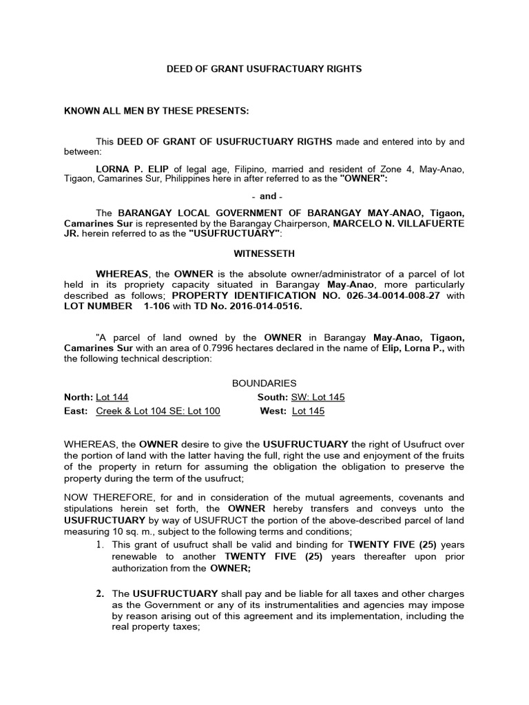 Usufruct Agreement for Barangay Use | PDF | Land Lot | Property