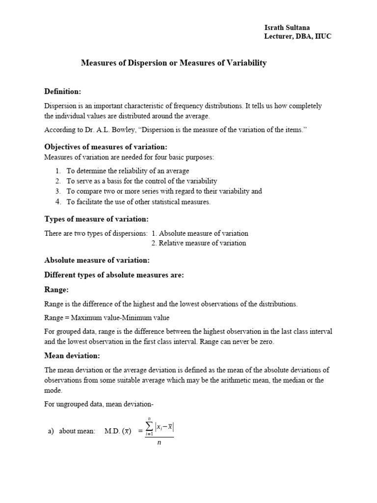 Measures of Dispersion or Measures of Variability | PDF | Standard Deviation | Mean