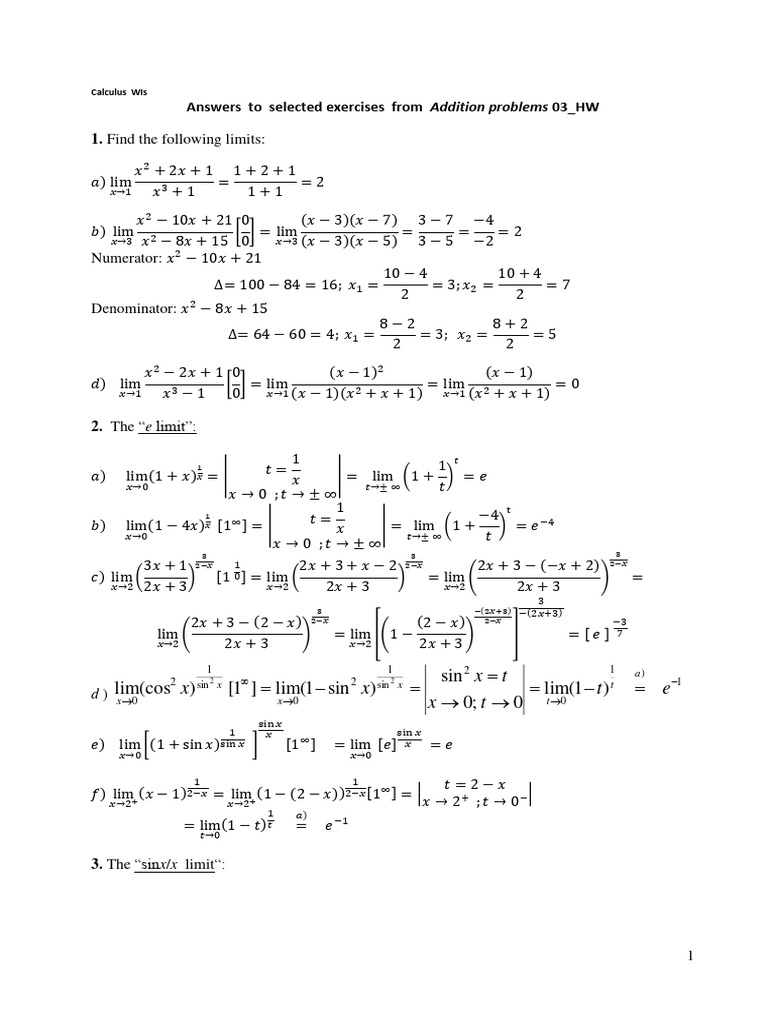 03 - HW Function Limits Solutions - Suppl | PDF