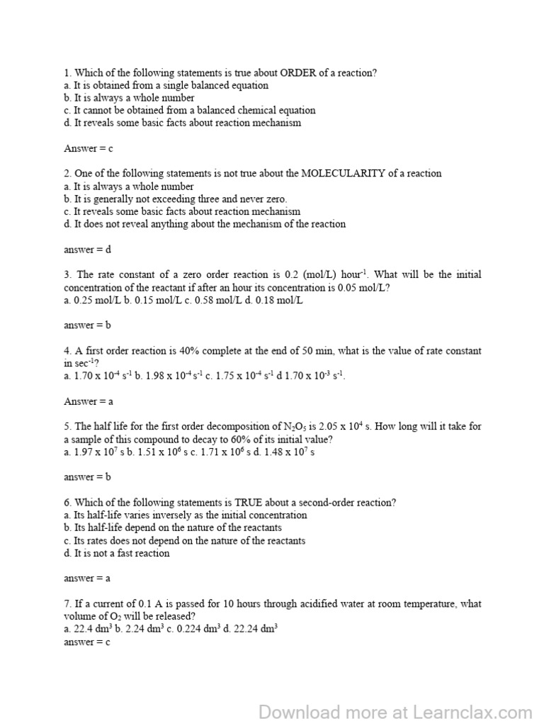 CHM101-20 General Physical Chemistry Practice Questions-2017 | Download ...
