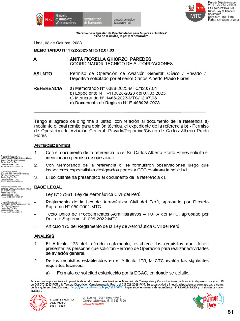 MEMORANDO N° 1722-2023-MTC/12.07.03; 2 OCT 2023. Coordinación Técnica ...