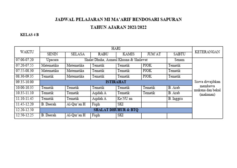 Jadwal Pelajaran Mi Ma | PDF