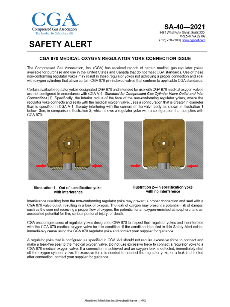 Safety Alert, CGA 870 Medical Oxygen Regulator Yoke Connection Issue | PDF