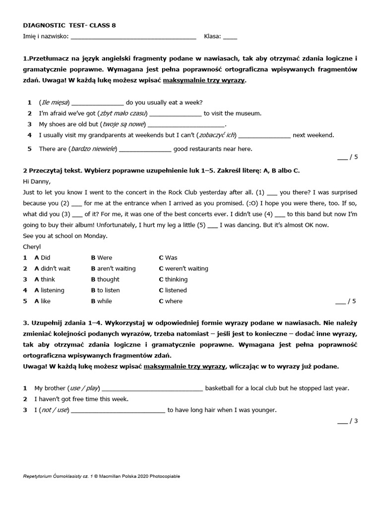 Diagnoza Wstępna Klasy 8 | PDF