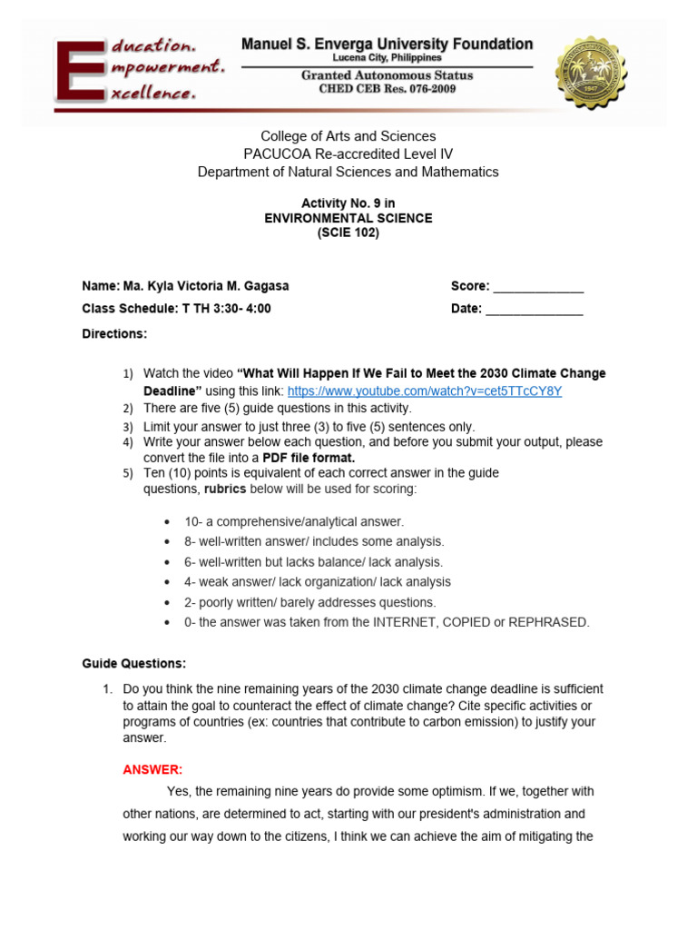 Scie 102 Envi Sci Activity No. 9 | Download Free PDF | Climate Change | Climate Change Mitigation