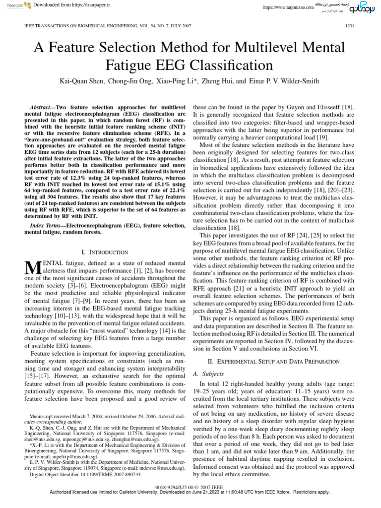 A Feature Selection Method For Multilevel Mental Fatigue EEG Classification | PDF | Statistical ...