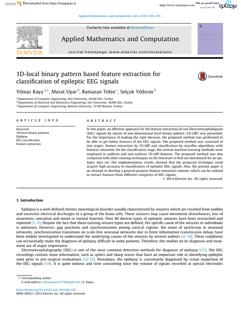 1d-Local Binary Pattern Based Feature Extraction For Classification of Epileptic EEG Signals ...