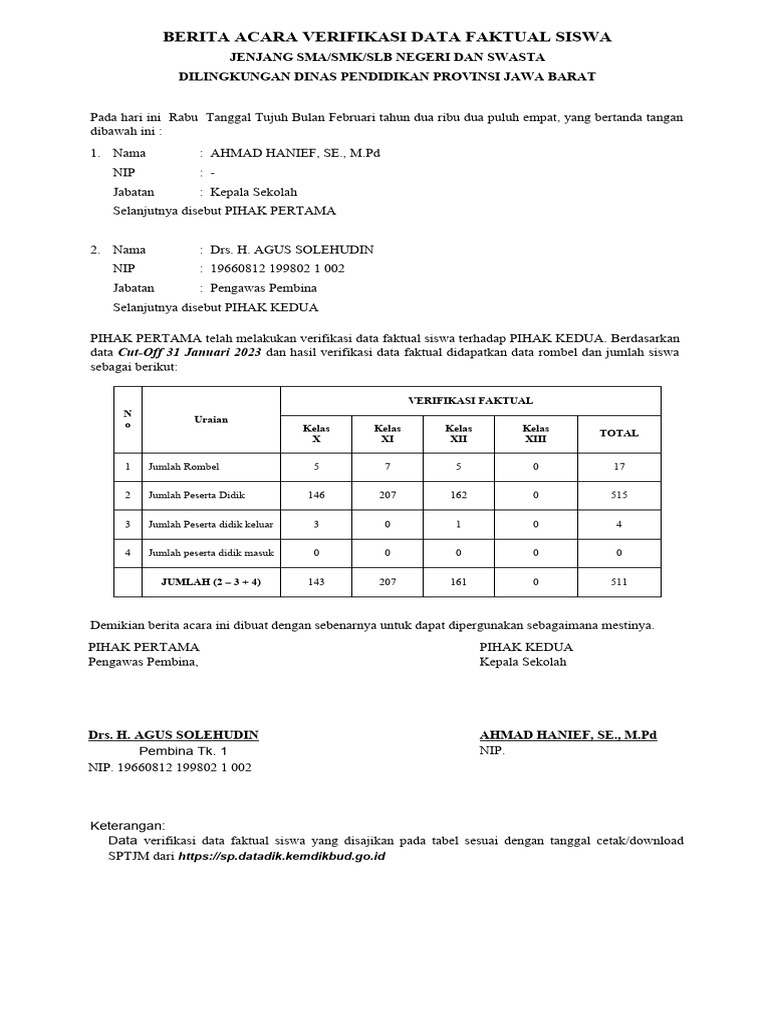 Berita Acara Verifikasi Data Faktual - SMK | PDF