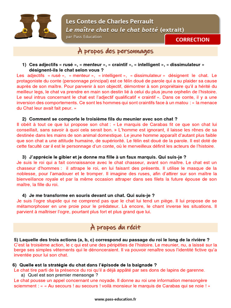 Le Maître Chat Ou Le Chat Botté 6ème Questionnaire Correction | PDF | Chats