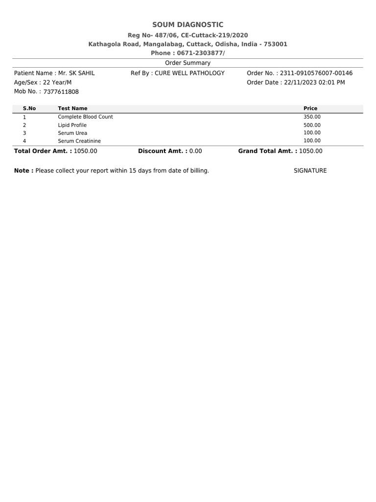 Soum Diagnostic Lab Test Order Summary | PDF