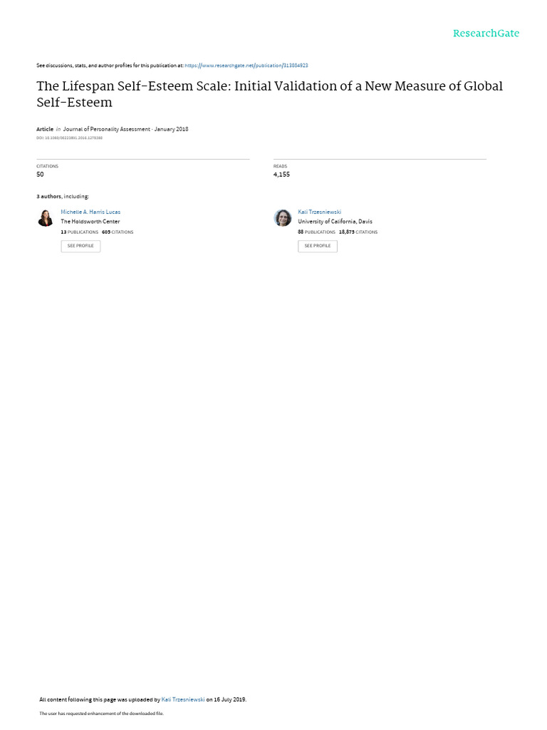 The Lifespan Self-Esteem Scale | PDF | Self Esteem | Sampling (Statistics)