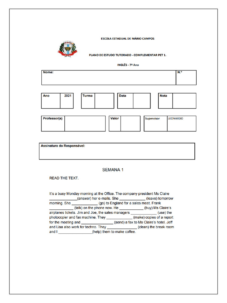 7 Ano Pet Complementar 1 Semana | PDF