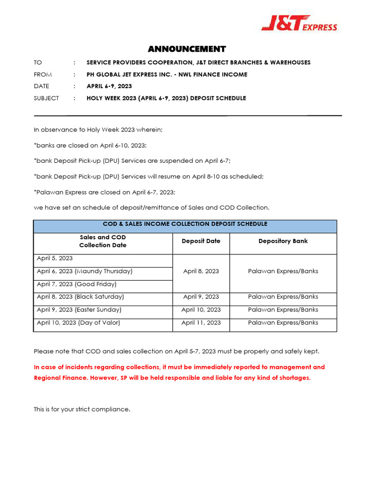 Announcement-April 2023 Holy Week Deposit Schedule - 171 | PDF