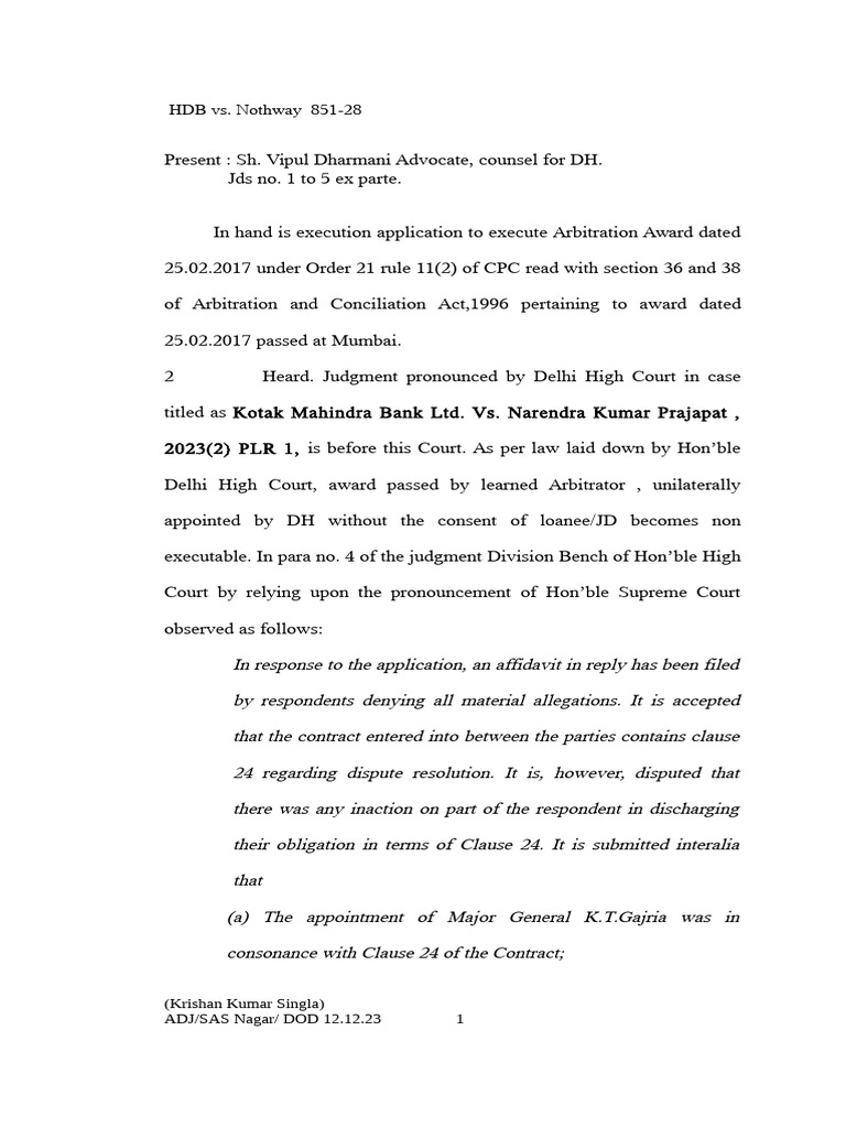 Order HDB Vs Northway Execution | PDF | Arbitration | Judgment (Law)