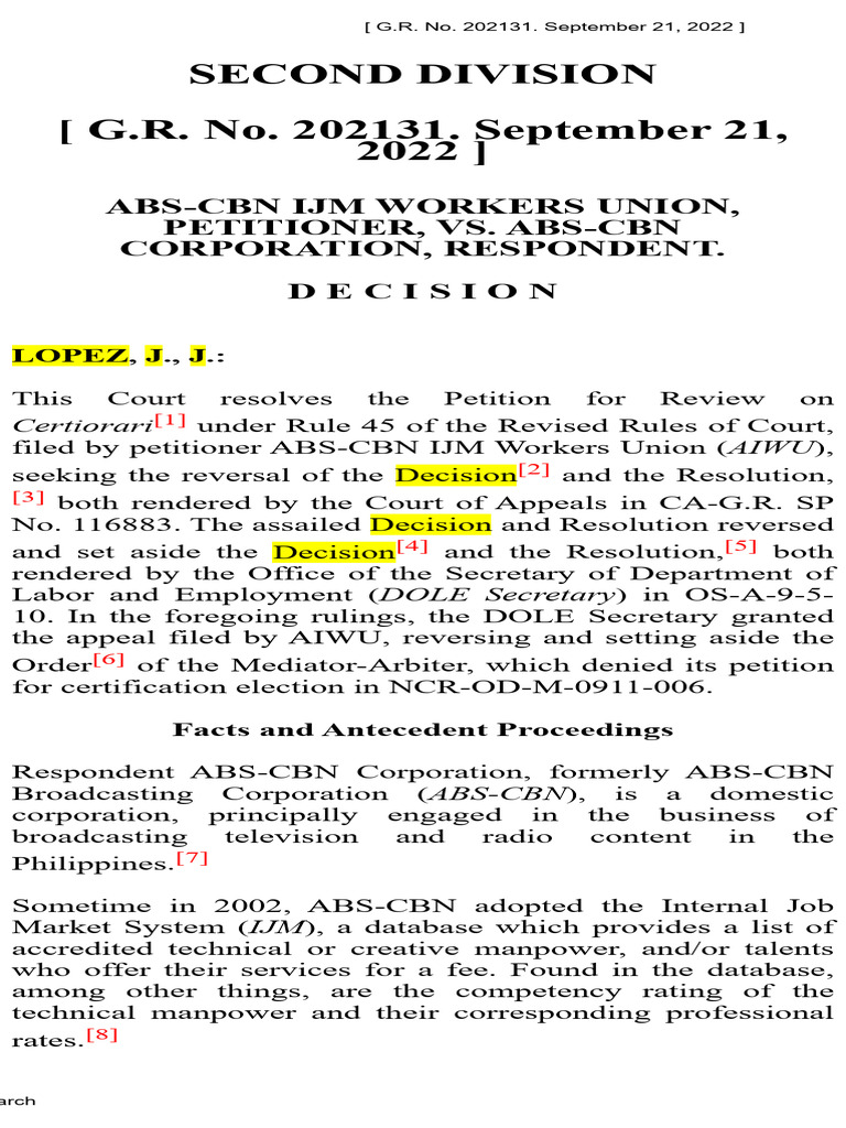 ABS-CBN IJM WORKERS UNION Vs ABS-CBN CORPORATION | PDF | Employment ...