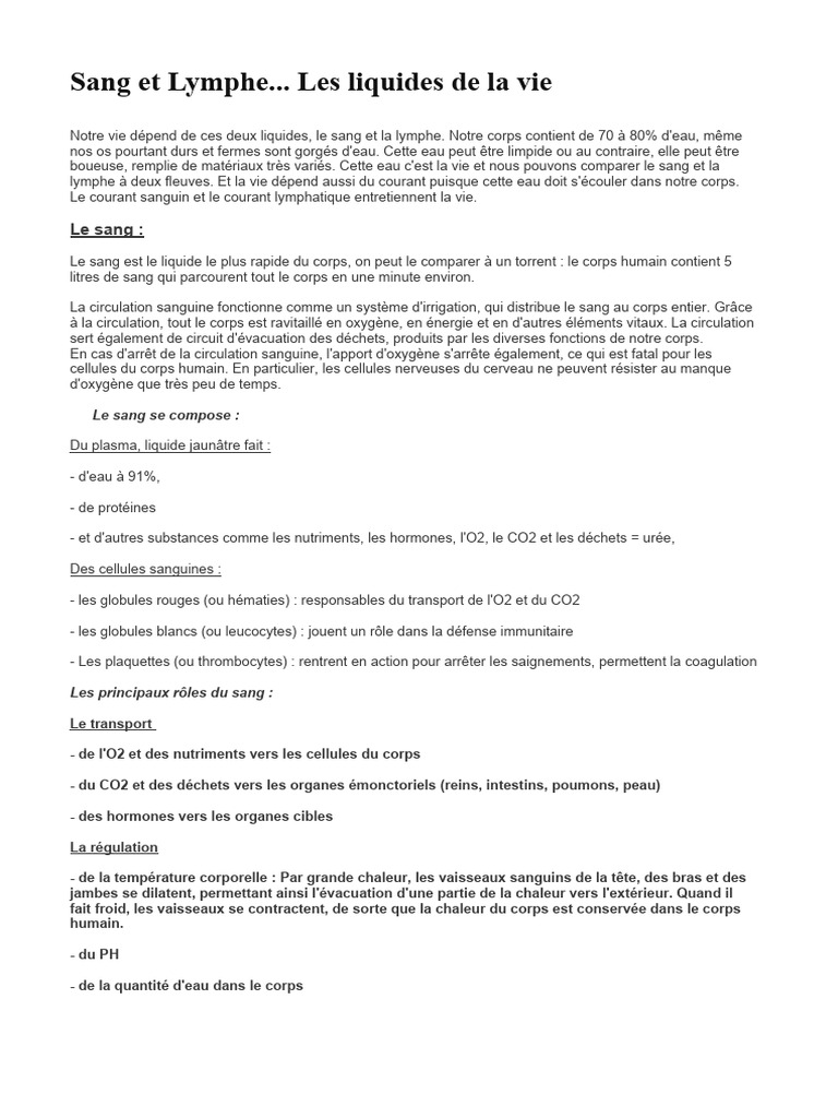 Sang et Lymphe : Essentiels à la Vie | PDF | Globule blanc | Système ...