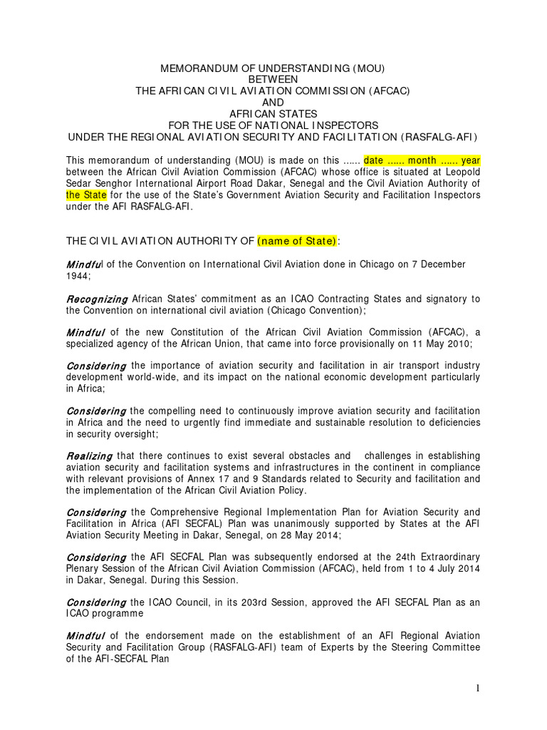 Final Draft MOU For AVSEC Experts of RASFALG-AFI - Eng. REVISED | PDF | Government | Justice