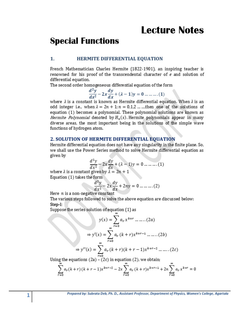 Hermite Differential Equations & Polynomials | PDF | Equations | Recurrence Relation